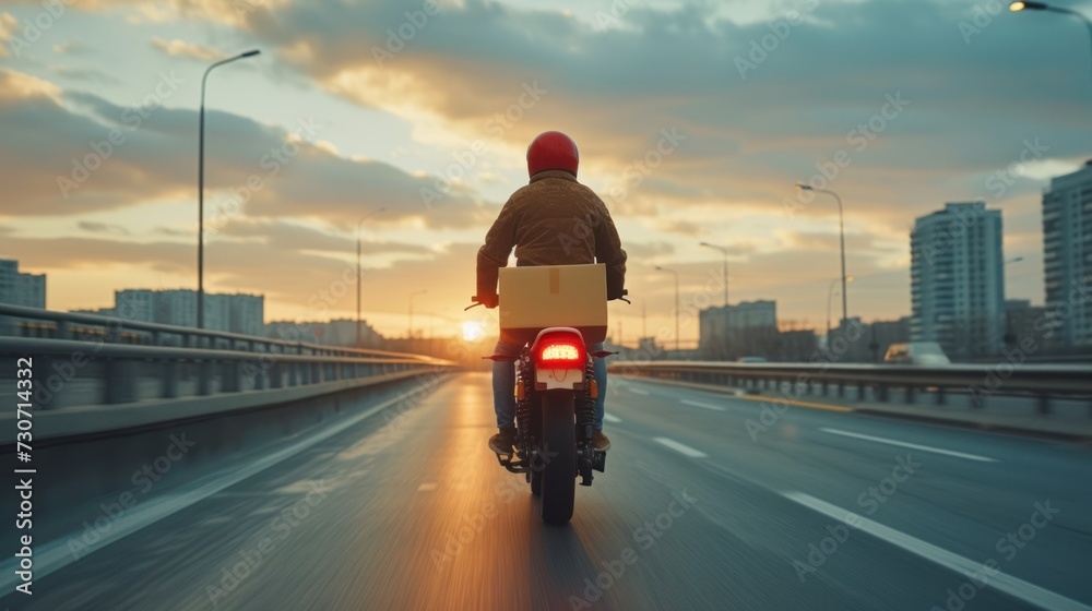 A food delivery worker carries a box of food and drives a bigbike on ...