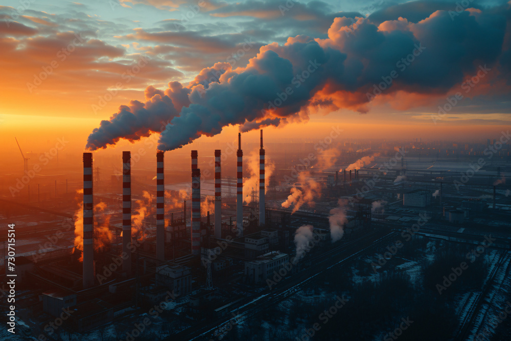 Industrial factory tall smokestacks released smoky emissions from smoke ...