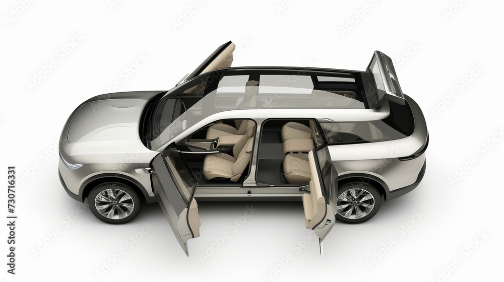 isolated simple and metallic SUV car with open doors from top view on a ...