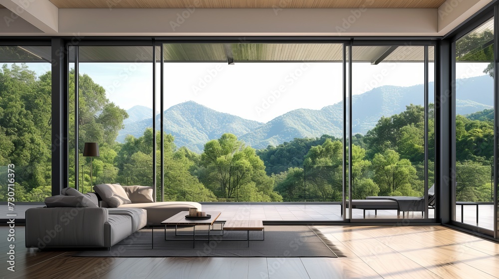 Large windows black aluminum swing doors nature view Stock Illustration ...