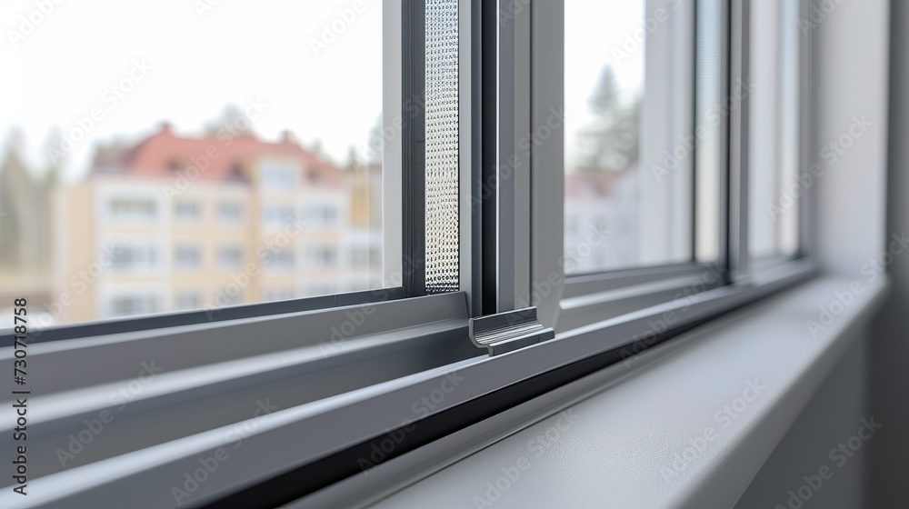 Samples of modern window profiles on sill indoors, space for text ...