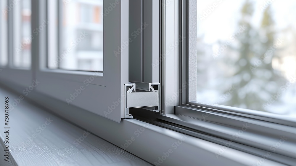 Samples of modern window profiles on sill indoors, space for text ...