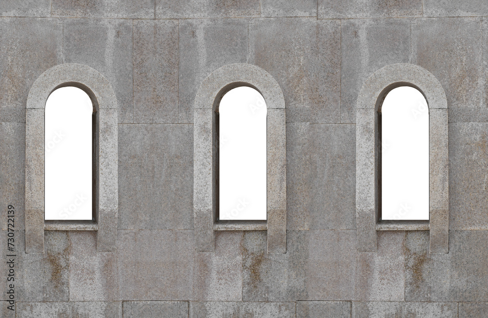 mockup. 3 three white empty Windows in granite stone wall background ...