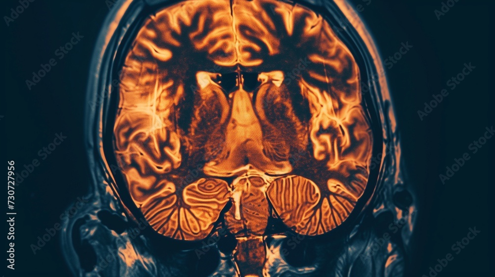 Striking PET/CT scan image of the human brain, highlighted in warm ...