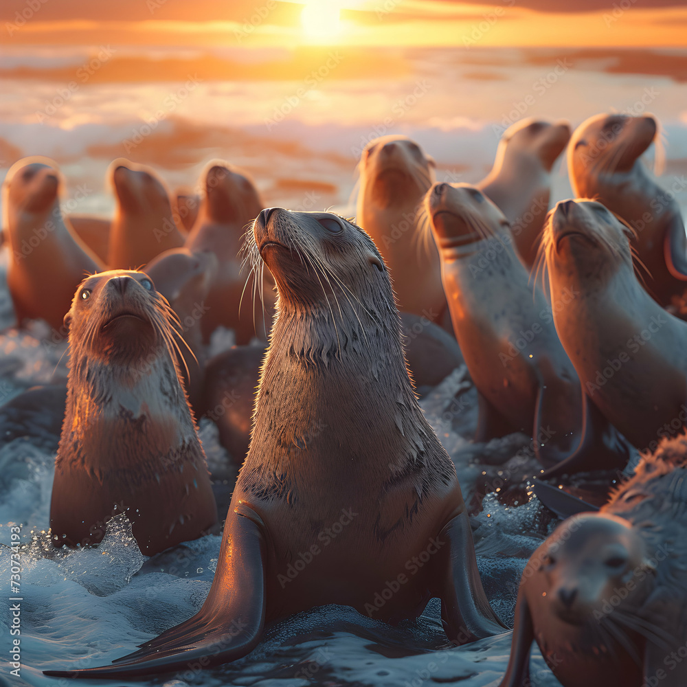 Sea lion family in the ocean water with setting sun shining. Group of ...