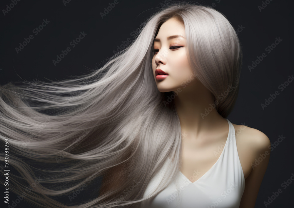 Elegant woman with flowing silver hair and serene expression Stock ...