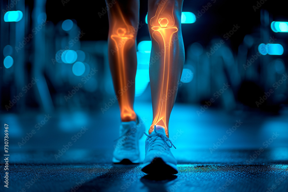 Close-up of an athletic woman's lower body with a highlighted graphic ...