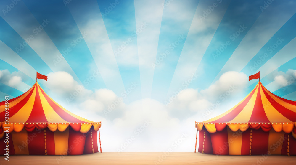 Colorful circus tents under blue sky with radiant sun beams Stock ...