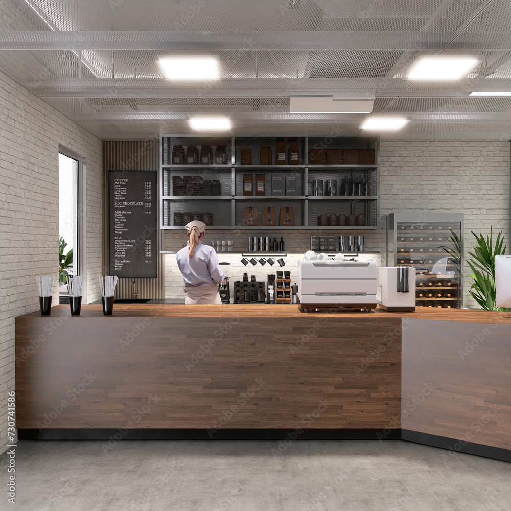 Female barista working at modern white brick wall cafe behind wooden ...