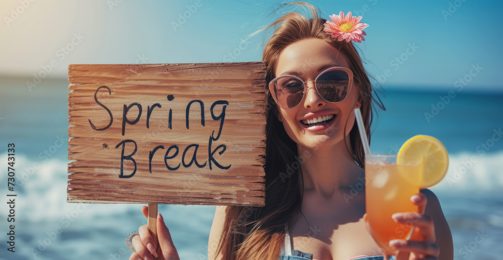 Spring break concept image with a young woman at the beach for spring ...
