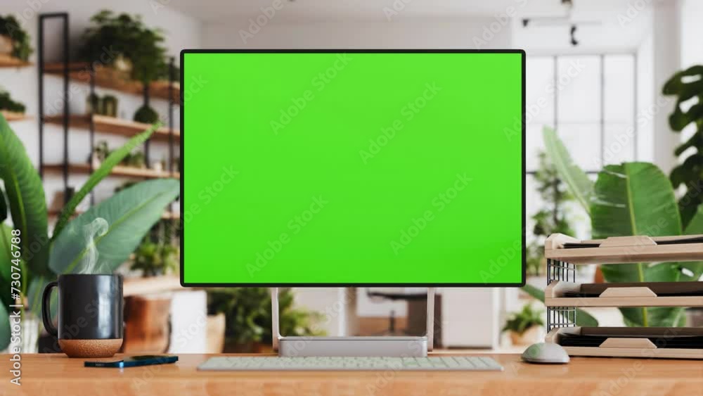 Empty blank green screen display mock-up, desktop workstation opening ...