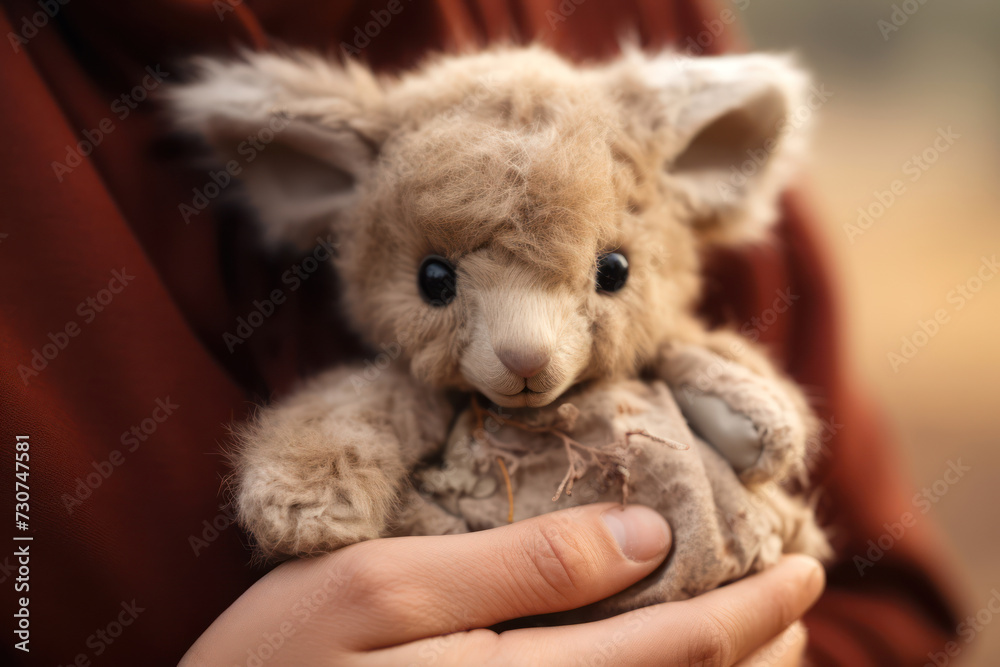 Image of a child's fingers wrapped around a fluffy kangaroo plush, with ...