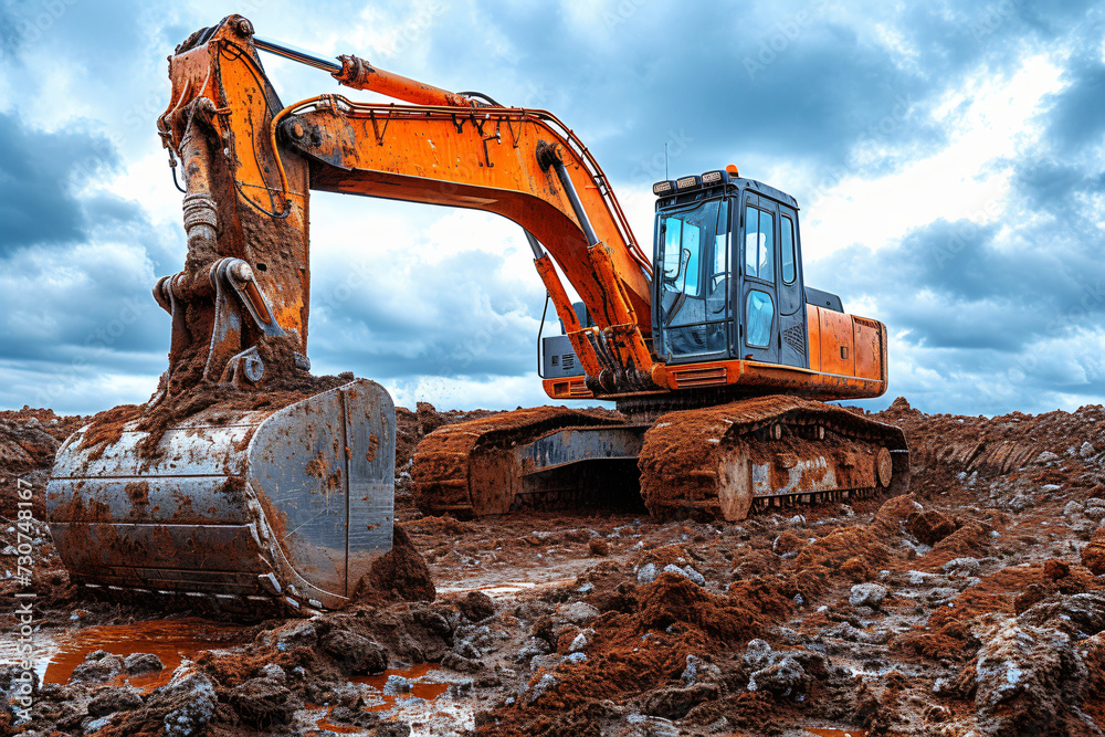 Backhoe working by digging soil at construction site. Bucket of backhoe digging soil. Crawler ...