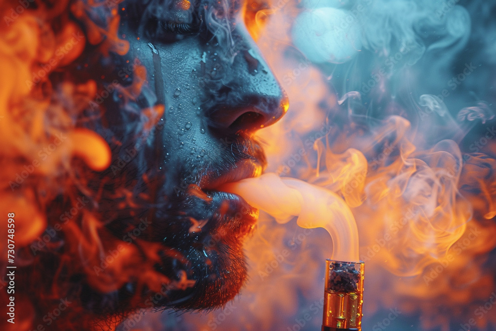 Unrecognizable person wearing hood, using electronic cigarette ...