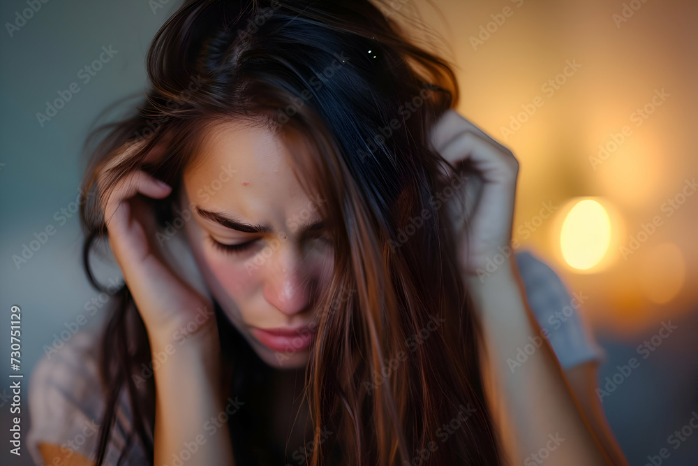 Woman with long hair scratching her itchy scalp, A close-up of a woman ...