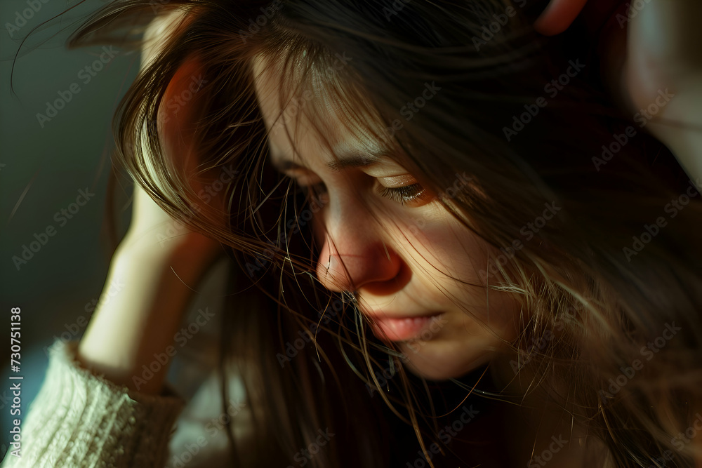 Woman with long hair scratching her itchy scalp, A close-up of a woman ...