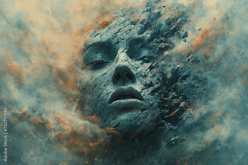 Abstract digital concept art of a fragmented human head profile ...