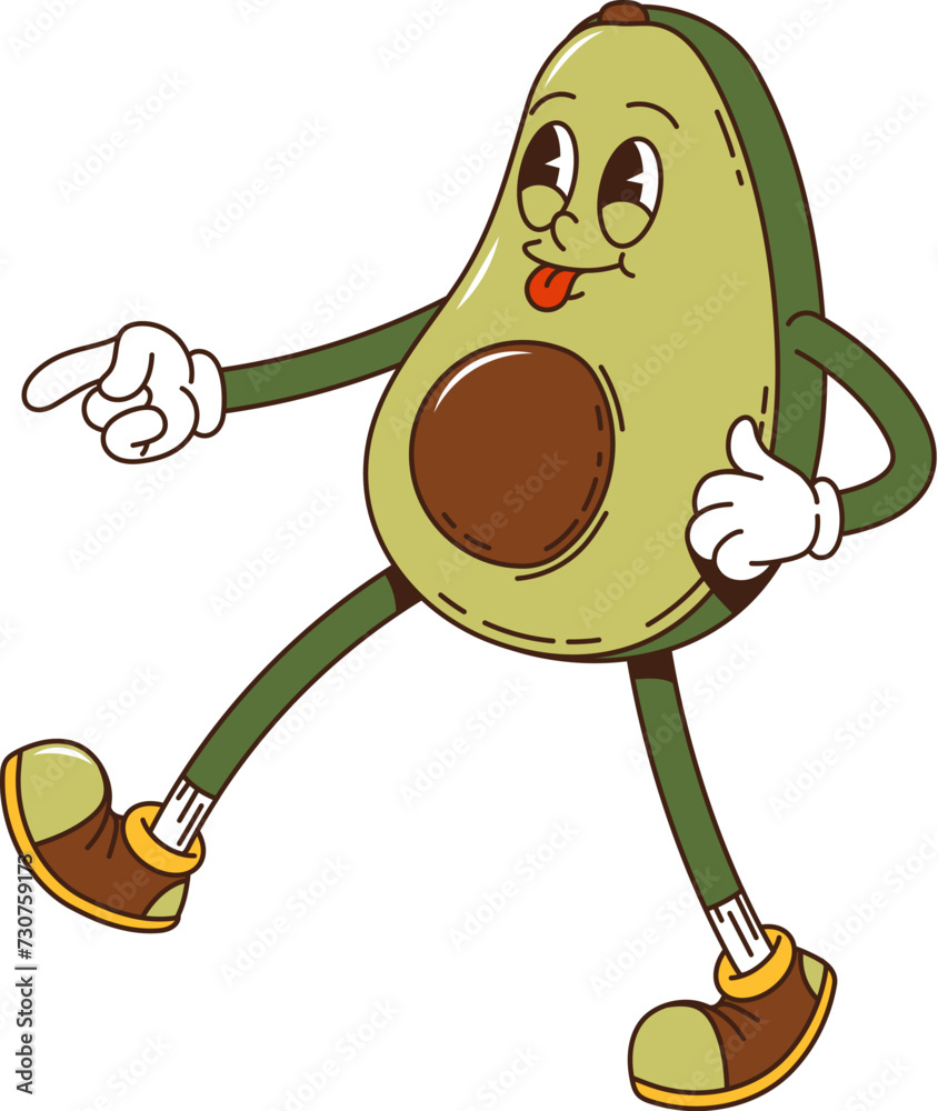 Groovy cartoon avocado character in hippie funky art of 60s and 70s ...
