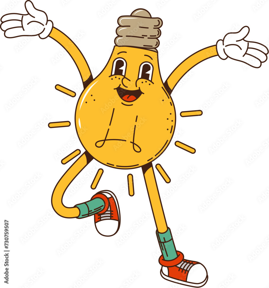 Groovy cartoon lamp light bulb character, in hippie 60s and 70s art ...