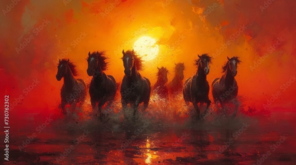 The seven horses sunrise painting, according to Vastu Shastra Stock ...