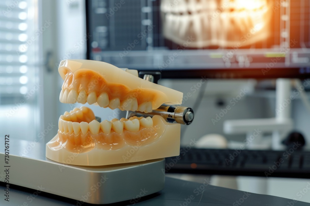 A model of teeth placed on a desk. This image can be used for dental ...