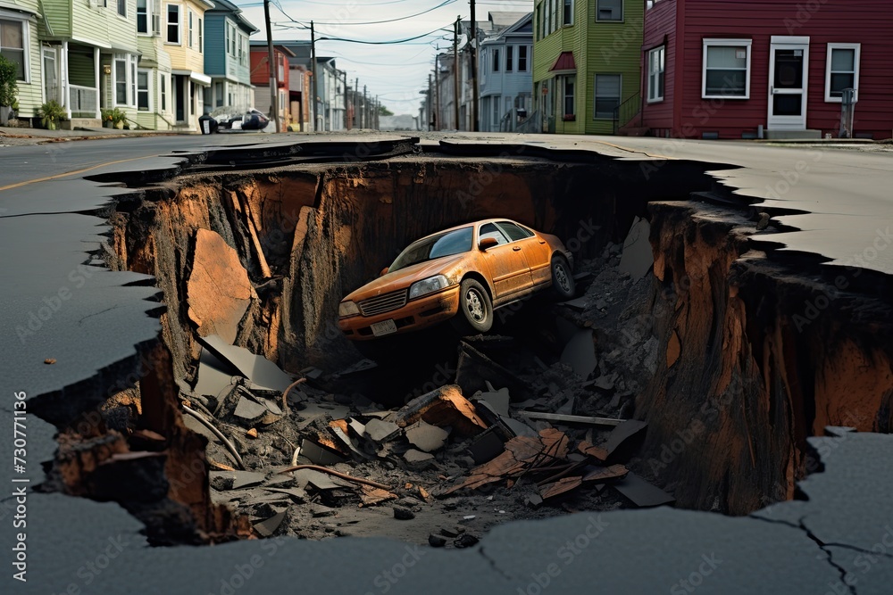 An asphalt road displays a long crack, revealing ground damage caused ...