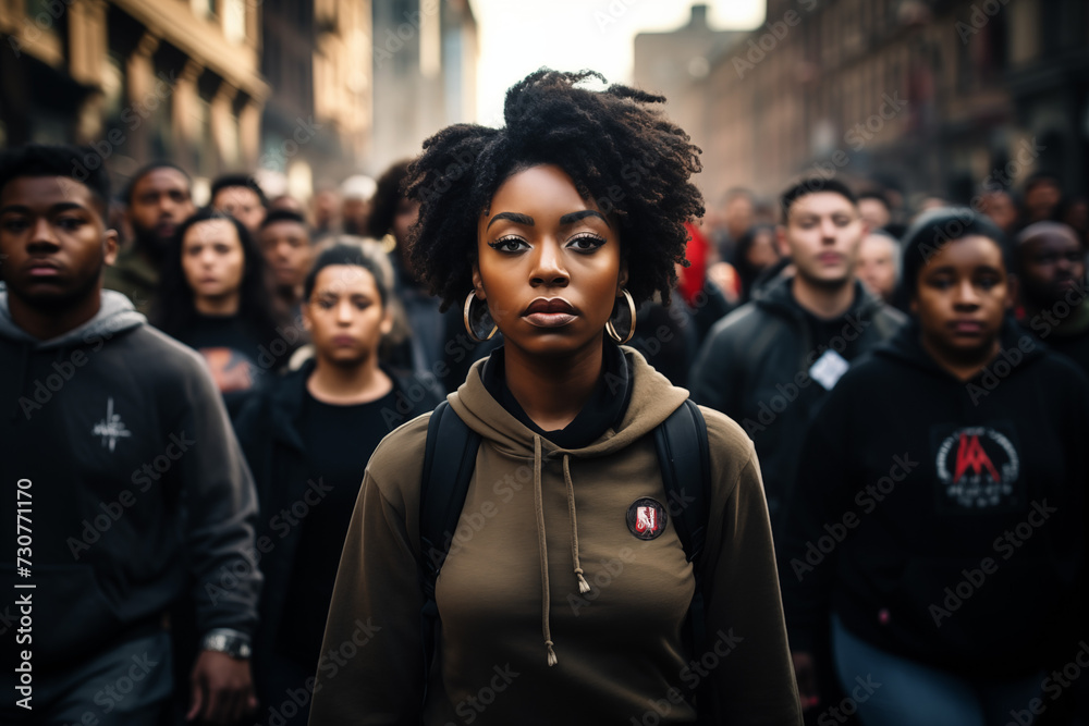 Black woman marching in protest with a group of people Stock Photo ...