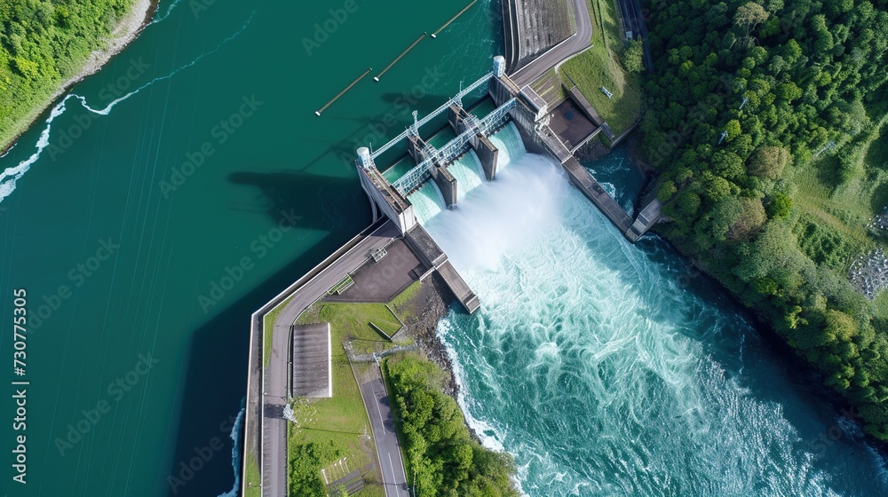 Aerial view of water discharge at hydroelectric power plant dam. Stock ...