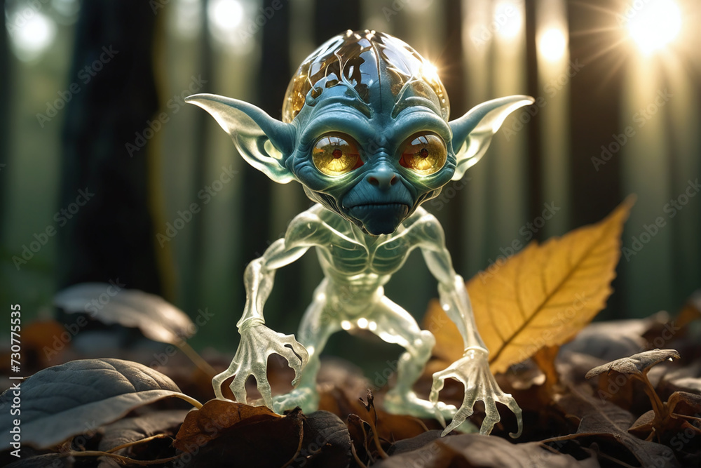 Full body photo of a goblin with a transparent glass head, the brain is ...