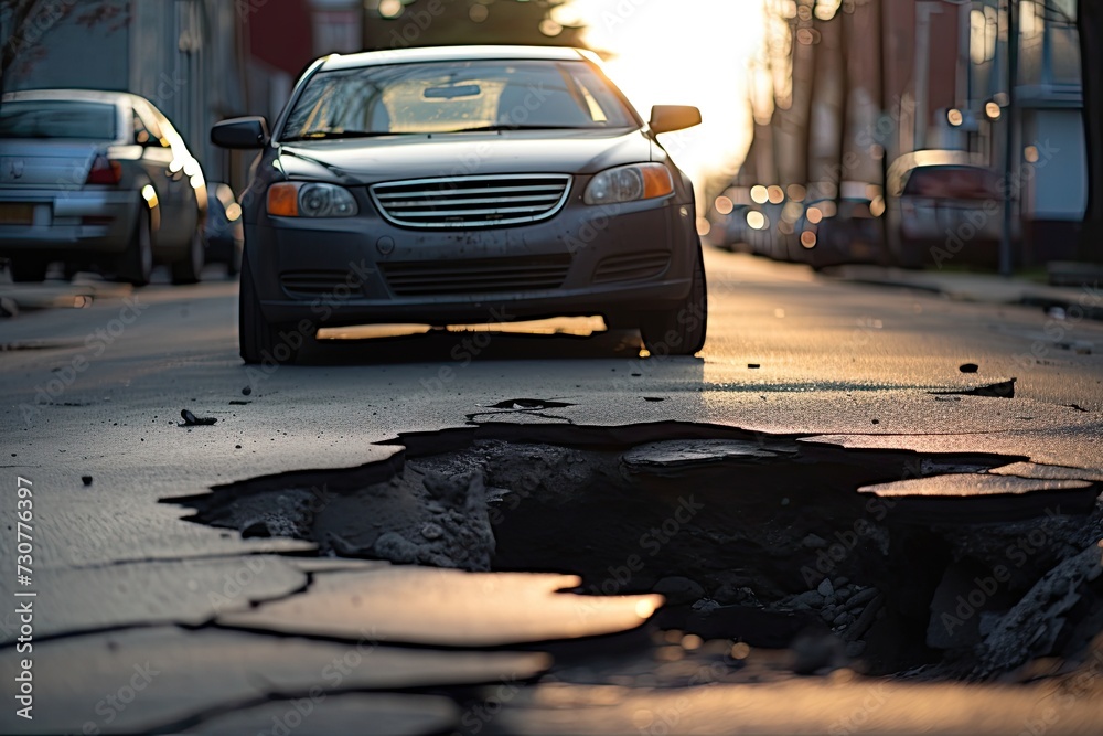 Ground damage is evident on the broken asphalt road, highlighting the ...