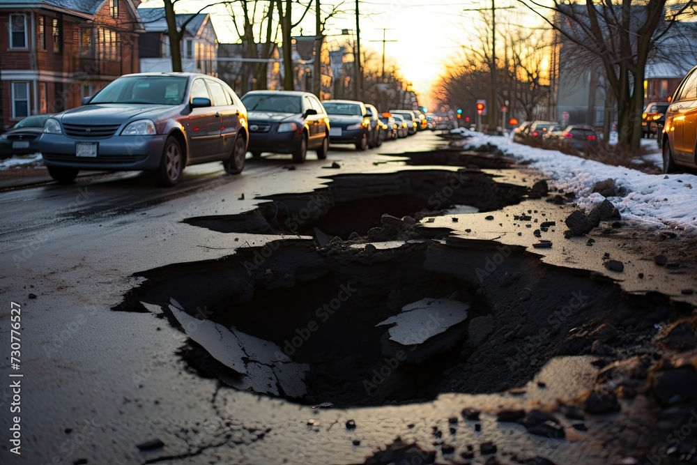 Ground damage is evident on the broken asphalt road, highlighting the ...
