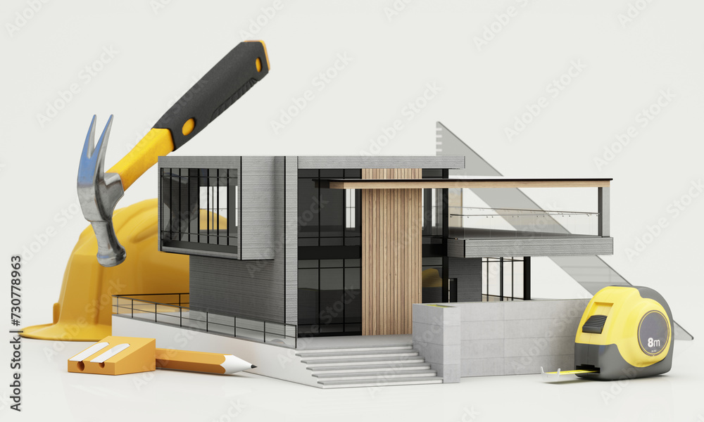 A residential house with tools an architect's. Housing project with ...