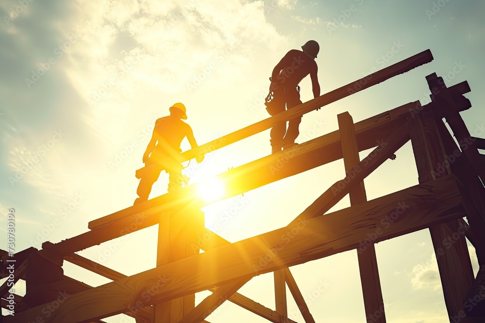 Skilled carpenters meticulously complete the wooden beam structure of a ...