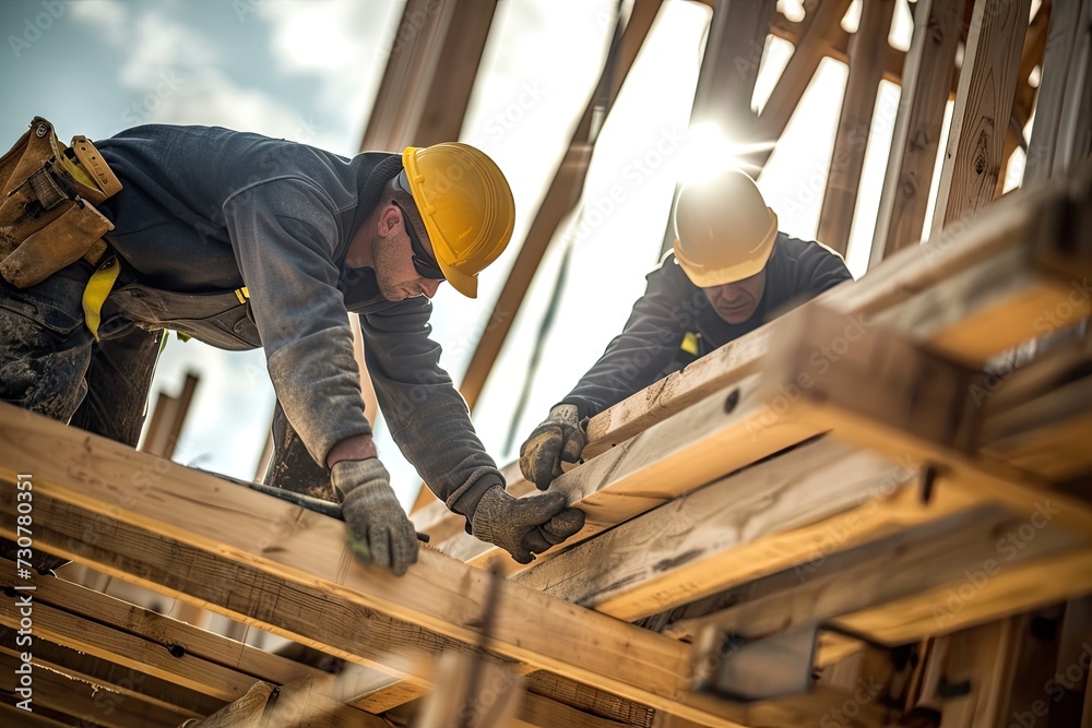 Skilled carpenters meticulously complete the wooden beam structure of a ...