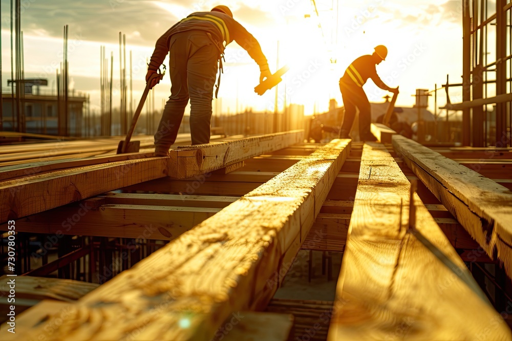 Skilled carpenters meticulously complete the wooden beam structure of a ...