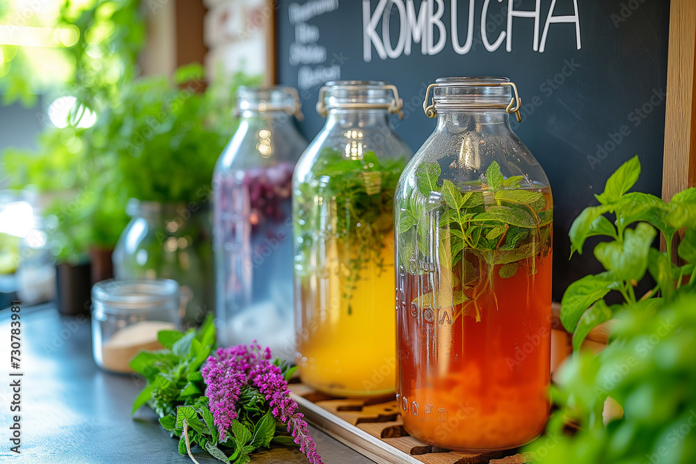 Cans of homemade fermented drink Kombucha tea mushroom with mint on a ...