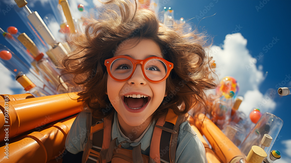 Excited kid with glasses and long hair at a science theme park Stock ...