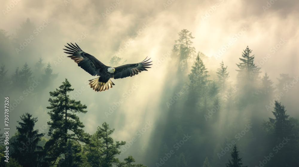 Majestic Eagle Soaring Over Misty Forest: Wild Bird in Natural Habitat ...