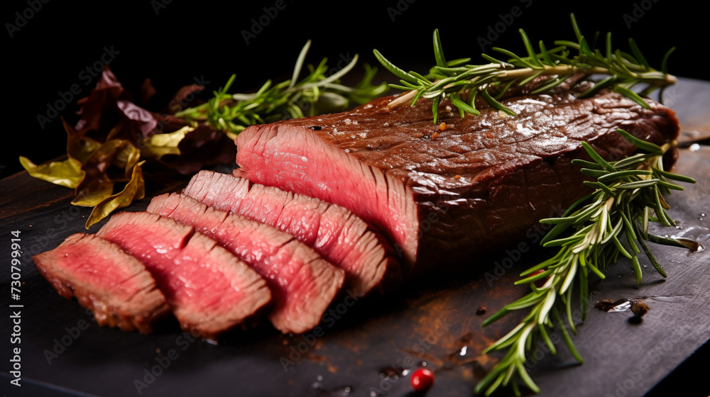 Gourmet sliced horse meat fillet, cooked to perfection, showcased on a ...