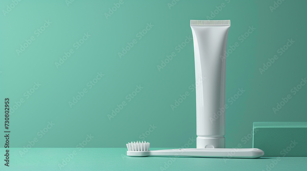 a blank white toothpaste tube on a mint background, with a screw cap ...