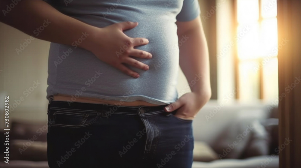A young man touching his fat belly at living home. overweight fat belly ...