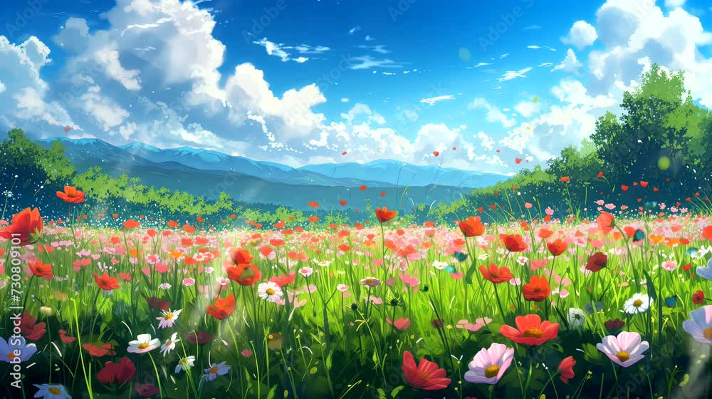 A field of beautiful wildflowers. Fantasy landscape anime or cartoon ...