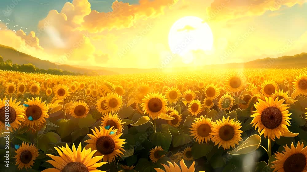 A sunflower field bathed in golden sunlight. Fantasy landscape anime or ...