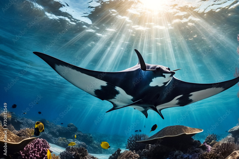 Manta Mobula (Mobulidae) cartilaginous fish swimming in tropical ...