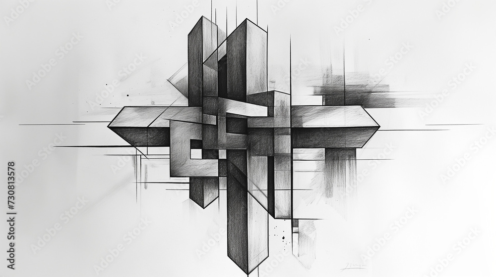 3D hand-drawn Catholic cross, where intricate geometric shapes converge ...