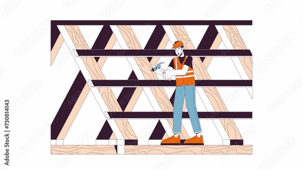 Roofing construction site line cartoon animation. Caucasian male roof ...