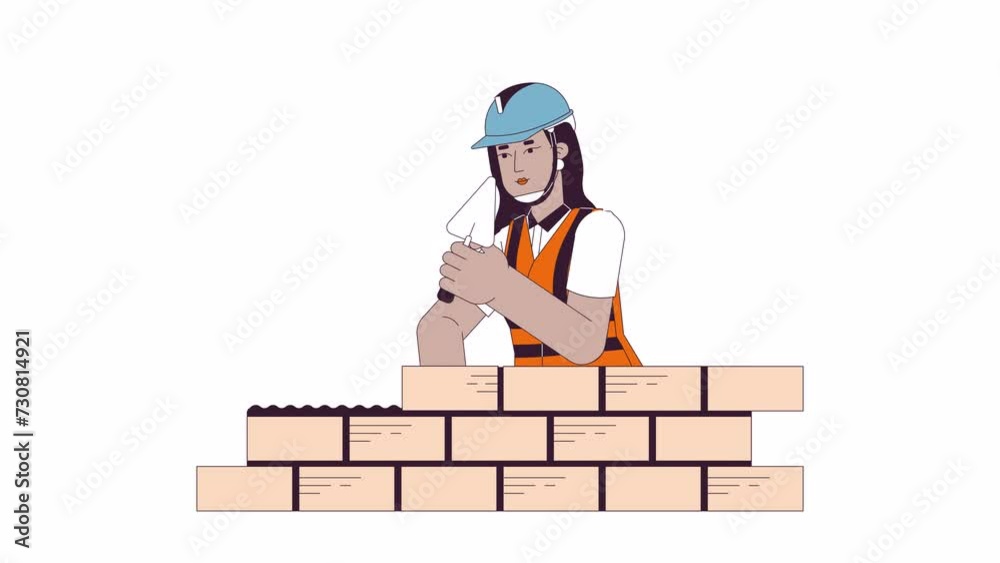Indian woman bricklayer building line cartoon animation. South asian ...