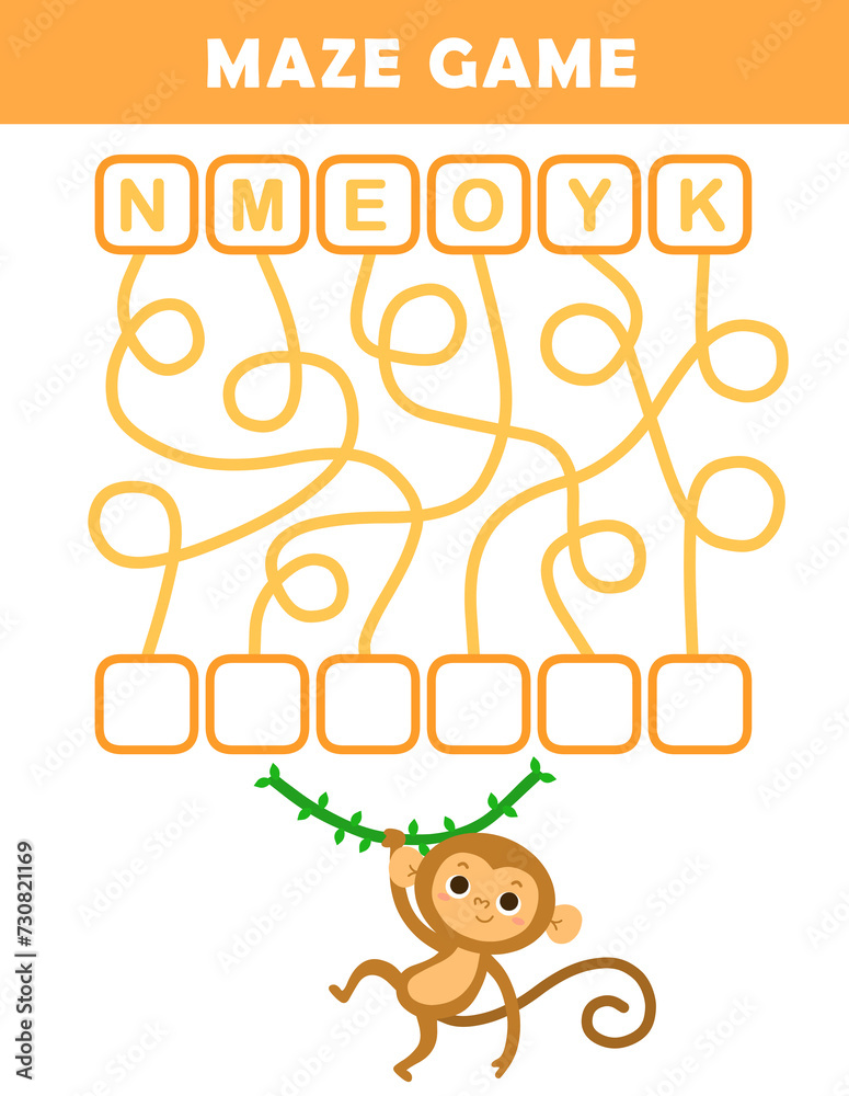 Word maze worksheet for kids with cute monkey illustration. Labyrinth ...