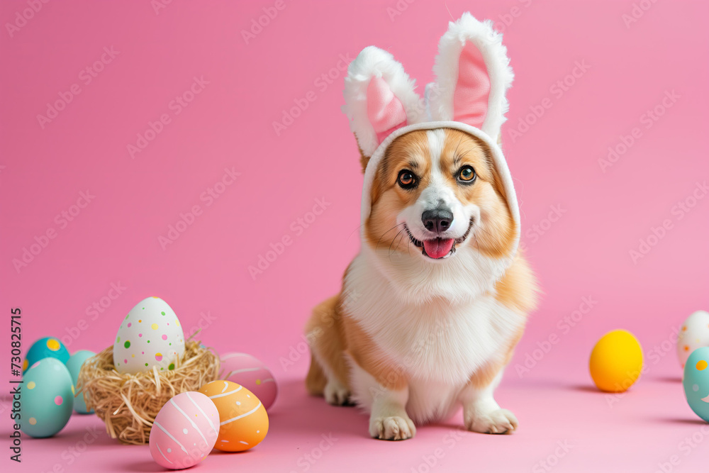 corgi dog wearing easter bunny costume on a pastel pink studio ...