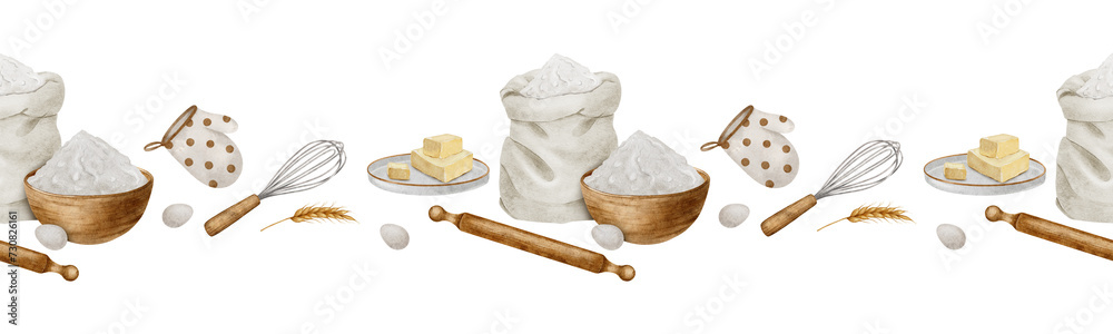 Flour in canvas bag and bowl, Rolling pin, Whisk, Butter, mitten, egg ...